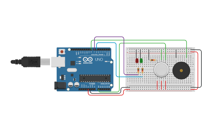 Circuit design Gas leakage detector iot project - Tinkercad