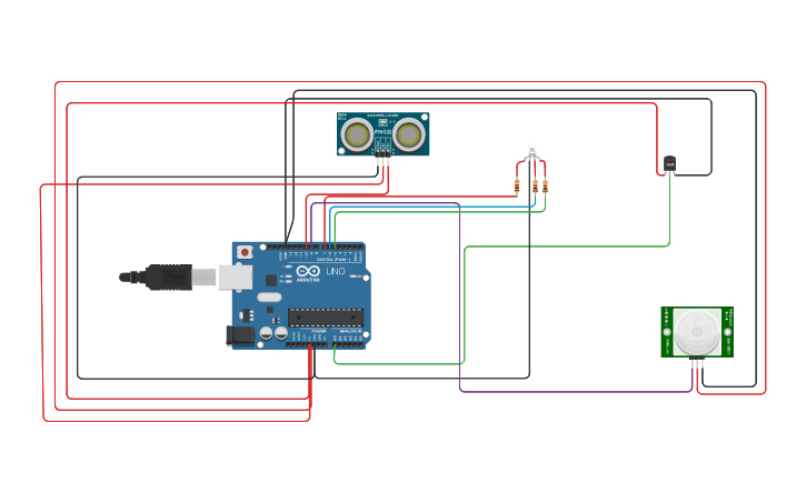 Circuit Design Sensor Gerak Suhu Ultrasonik Tinkercad