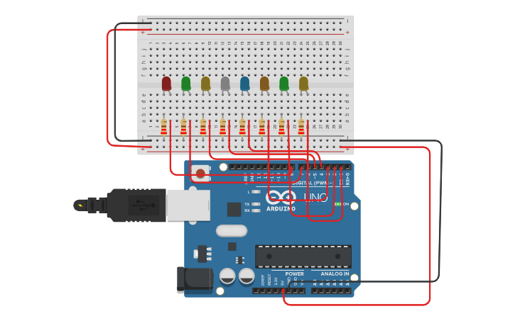 Circuit design Practica 2. Secuencia de LEDS | Tinkercad
