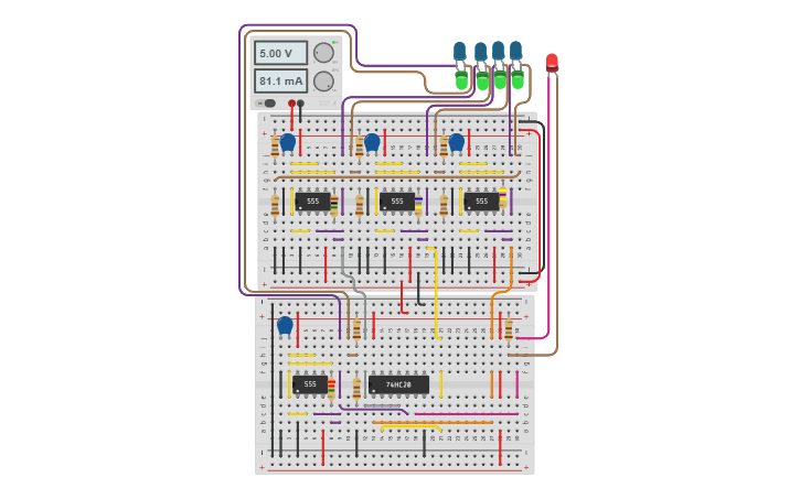 Circuit design 4 bit 74HC20 | Tinkercad