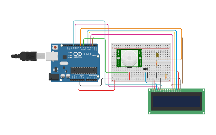 Circuit design PIR sensor with LCD and LED - Tinkercad