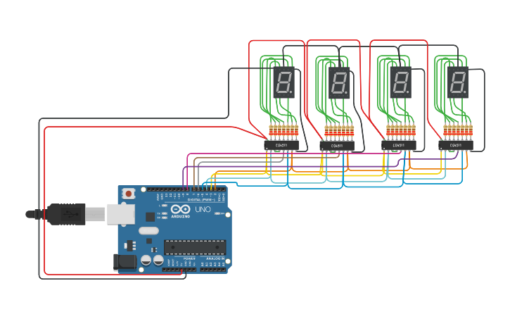 Circuit design 4 LED 7 Segment - Tinkercad