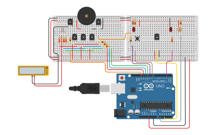 Circuit design led RGB + LDR + tmp + buzzer - Tinkercad Circuit design led RGB + LDR + tmp + buzzer - Tinkercad