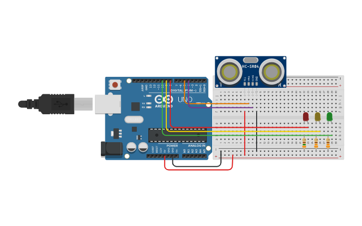 Circuit design Alertas con Sensor Ultrasonido | Tinkercad