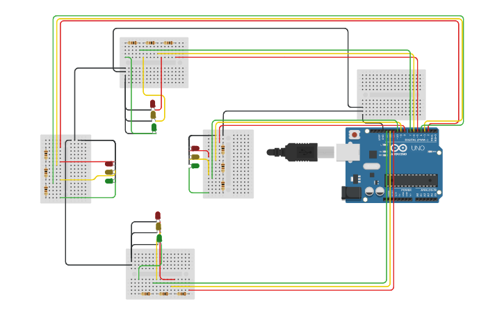 Circuit design 4 road traffic light Management - Tinkercad
