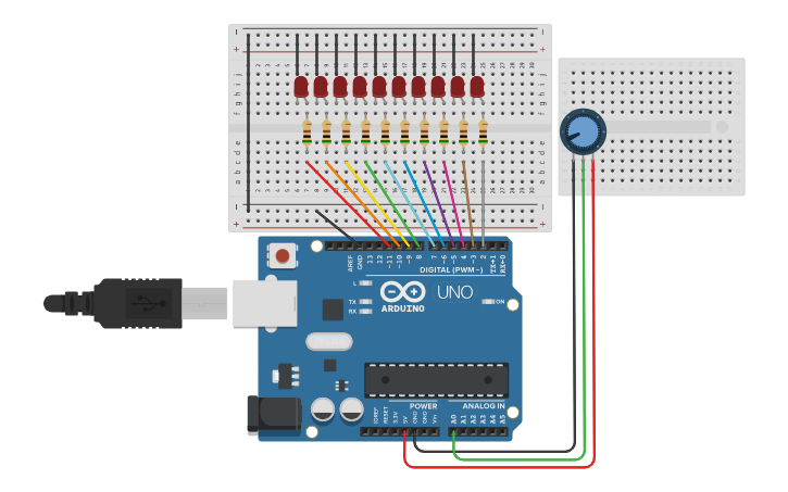 Circuit design 10-LED Level Control using Potentiometer - Tinkercad