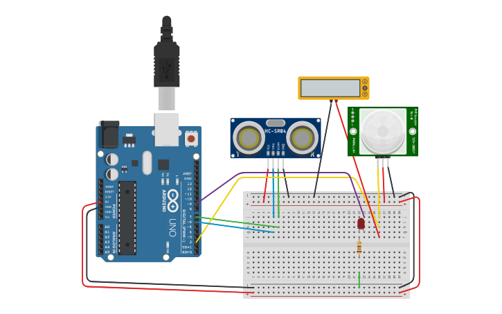Circuit design Sensor ultrasonico HC-SR04 y PIR 28027 | Tinkercad