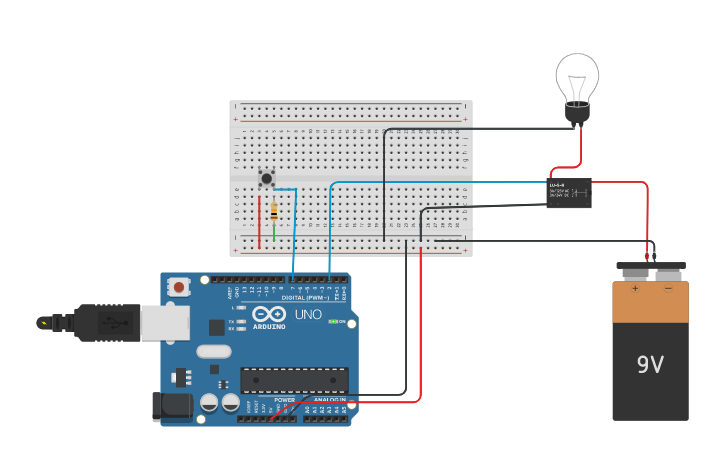 Circuit design Accendere lampada con rele e button - Tinkercad