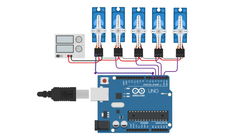 Circuit design Servomotores para una mano | Tinkercad