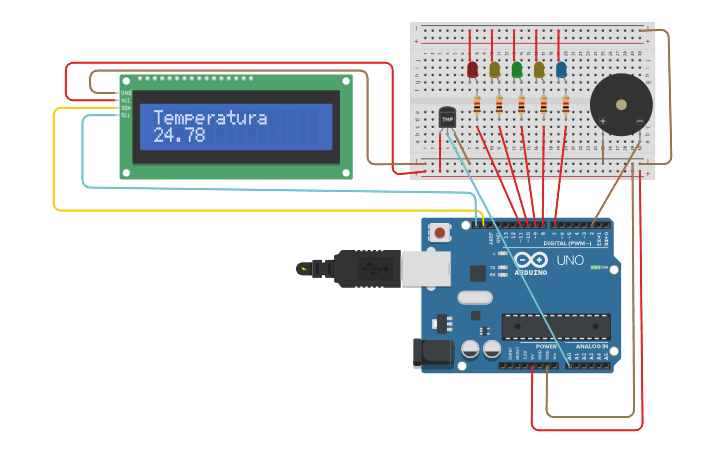 Circuit design LCD + TEMPERATURA + CONDICIONES + LED - Tinkercad