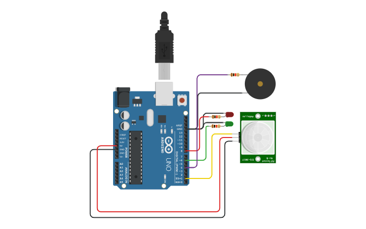 Circuit design Motion senser+LED+sound | Tinkercad