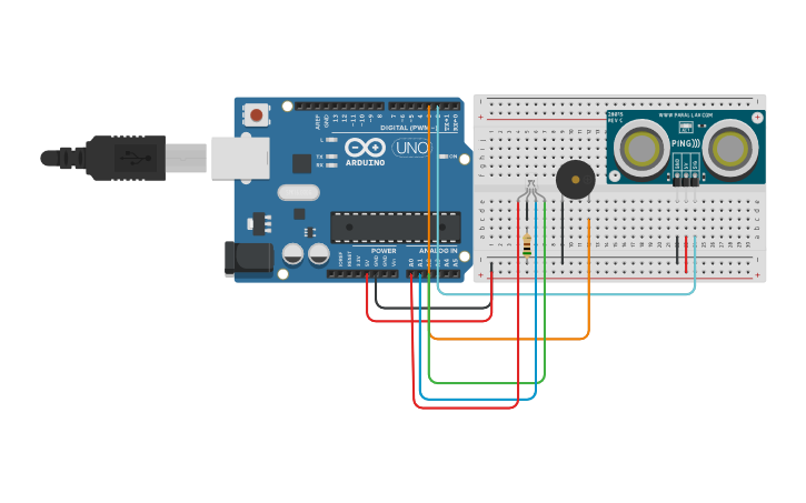Circuit design Buzzer y Sensor de Distancia - Tinkercad