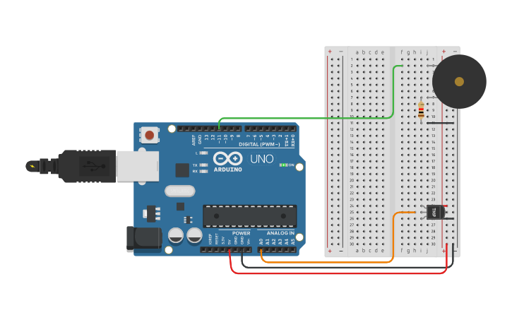 Circuit design Piezo + Temp Sensor - Tinkercad