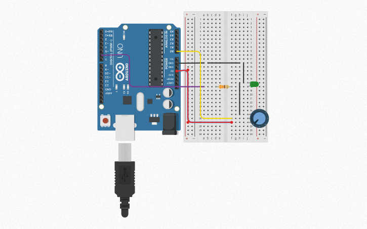 Circuit design Regulace jasu LED | Tinkercad
