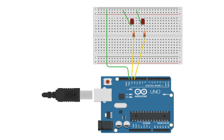 Circuit design Blink of 2 LED | Tinkercad