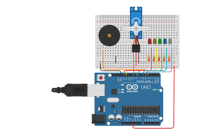 Circuit design buzzer, servomotor, leds en arduino - Tinkercad