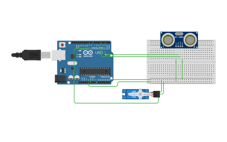 Circuit design Ultrasonic servo control - Tinkercad