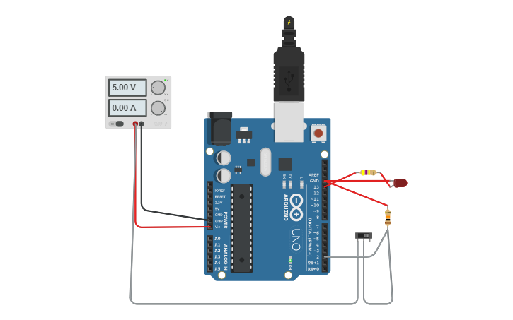 Circuit design arduino led pulsador | Tinkercad