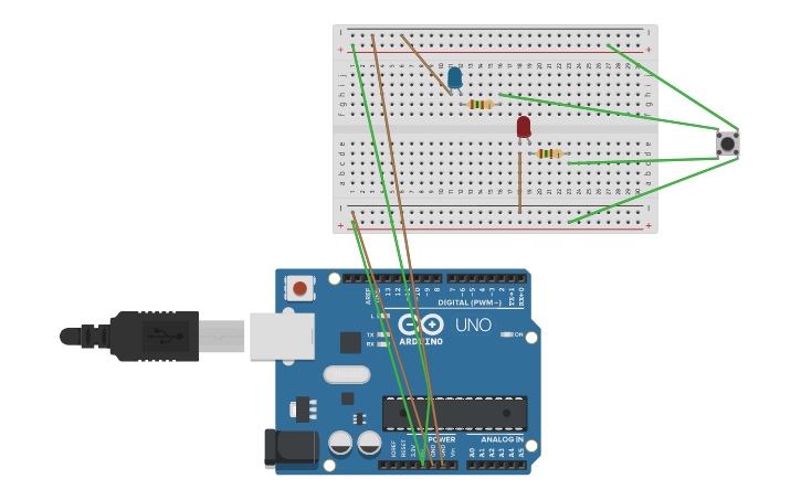 Circuit design 2LEDS + PUSHBUTTON - Tinkercad