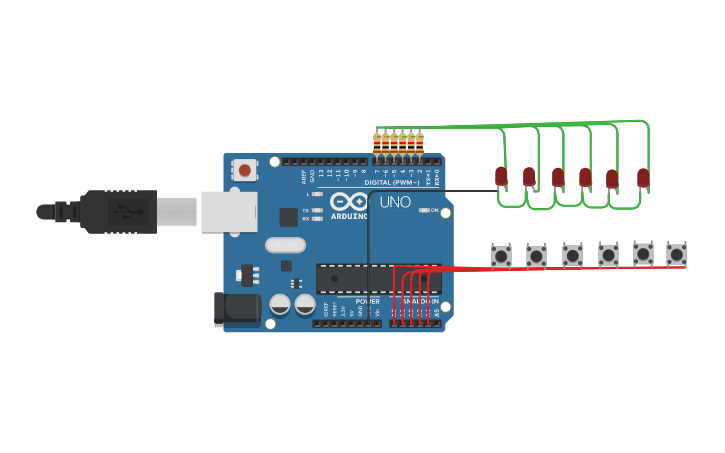 Circuit design LEDs with push buttons - Tinkercad