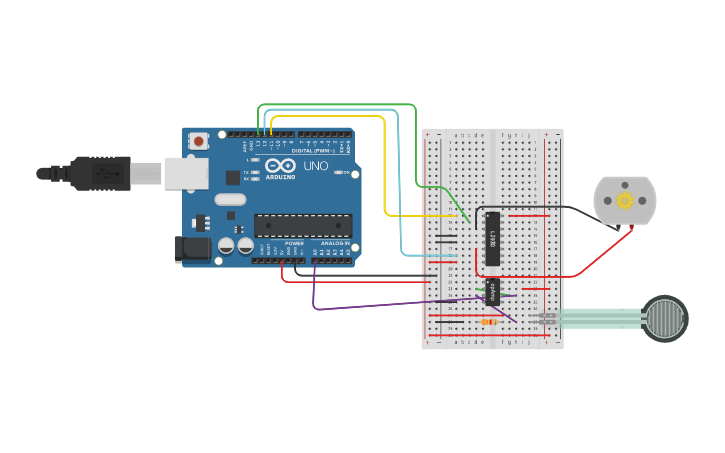 Circuit design DC motor control using Force Sensor - Tinkercad