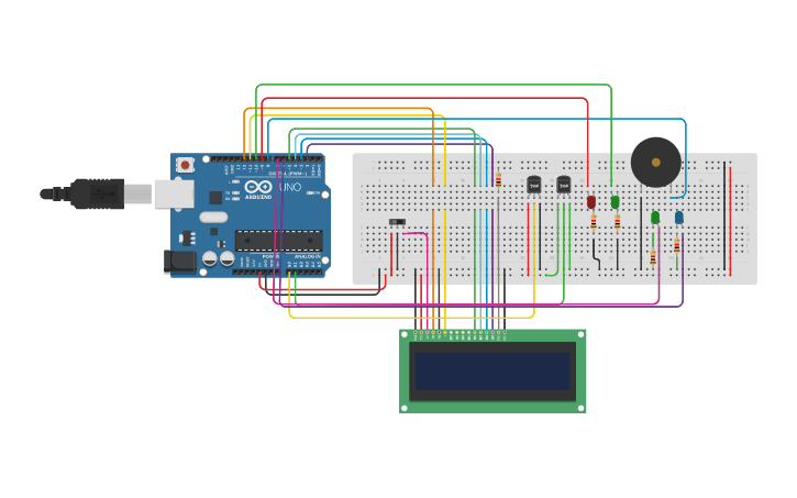 Circuit design Temperature sensors with LCD, buzzer, LED | Tinkercad