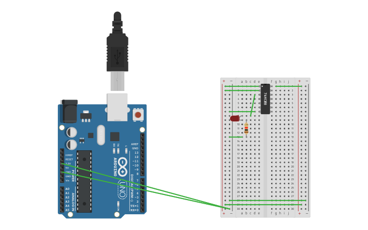 Circuit design IC-74HC08 - Tinkercad