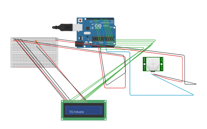 Circuit design Projeto Sensor PIR com Display LCD - Tinkercad