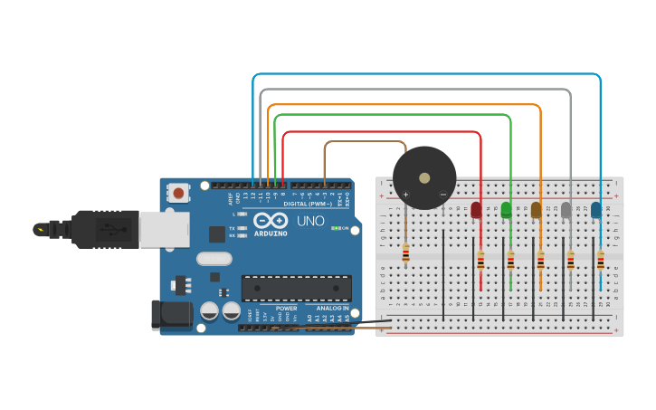 Circuit design Lights with Buzzer - Tinkercad