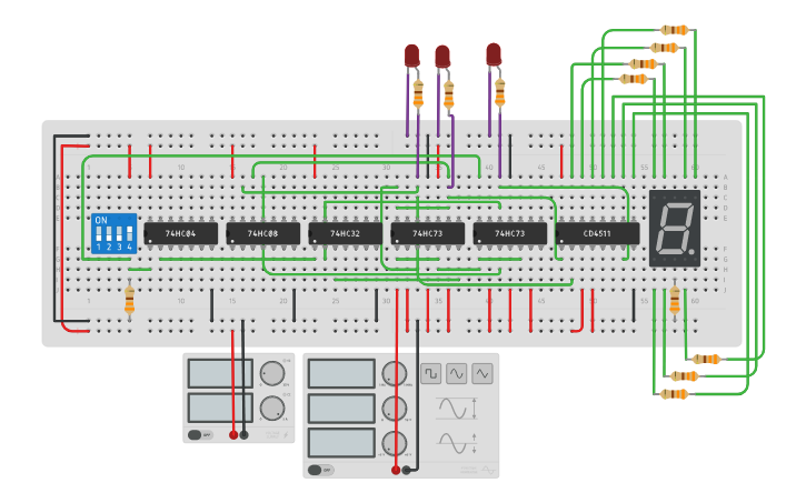Circuit design Counter with Inputs and Display in 7-segment and LEDs - Tinkercad