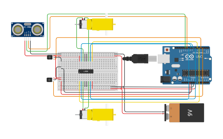 Circuit design Line following robot with obstacle avoidance - Tinkercad