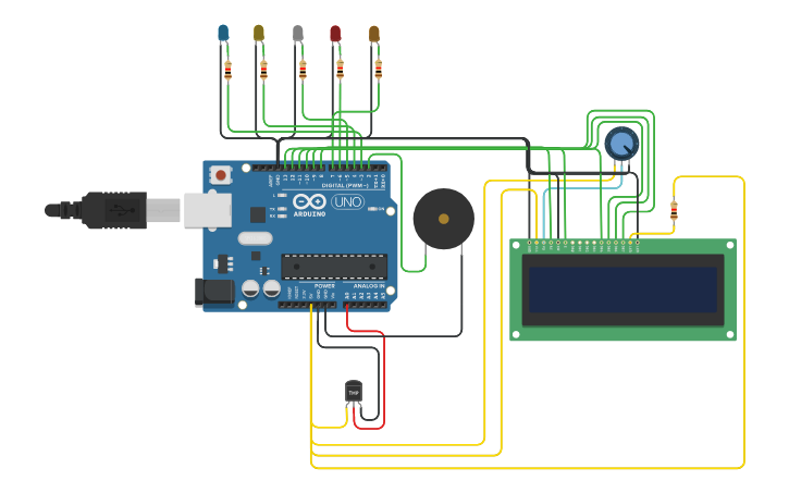 Circuit design SENSOR DENGAN LCD dan ALARM OVERHEAT - Tinkercad