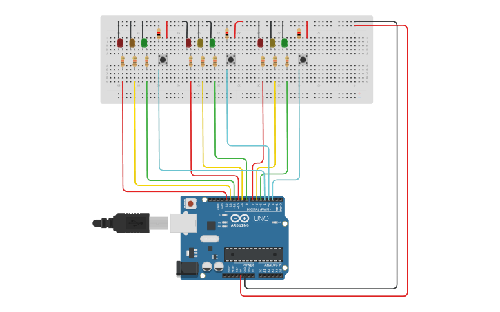 Circuit Design Lampu Lalu Lintas 3 Tinkercad