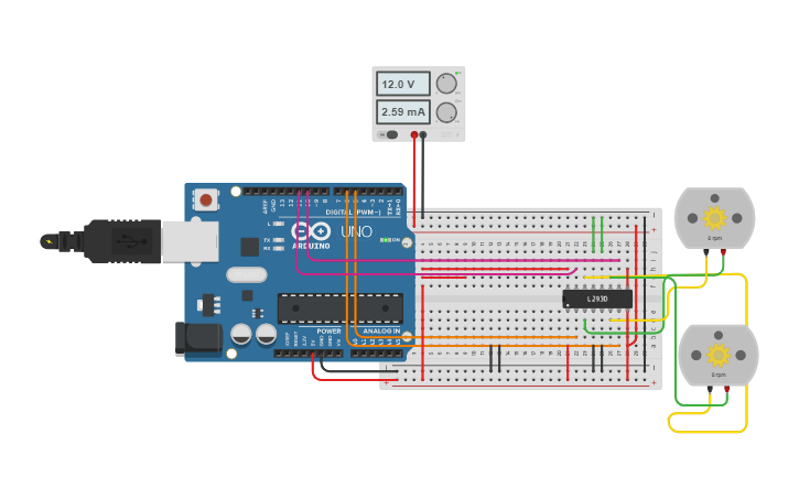 Circuit design 2 MOTORES DC - S11 - Tinkercad