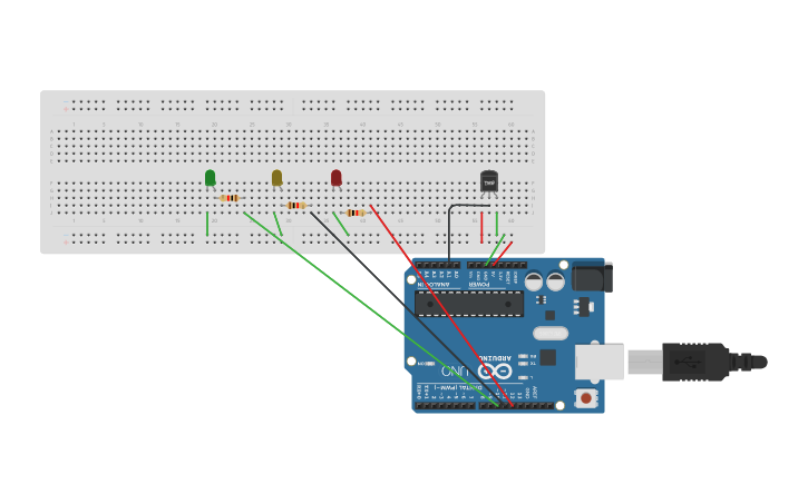 Circuit design sensor de temperatura con leds - Tinkercad