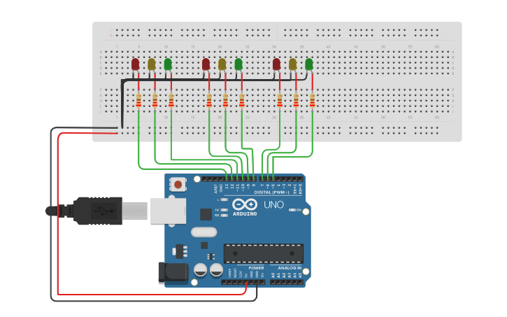 Circuit design TPK A3_Lampu Lalu Lintas 3 Jalur_Kel 7 - Tinkercad Circuit design TPK A3_Lampu Lalu Lintas 3 Jalur_Kel 7 - Tinkercad