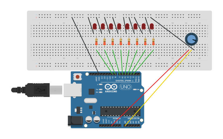 Circuit design Sequential LEDs with speed control - Tinkercad
