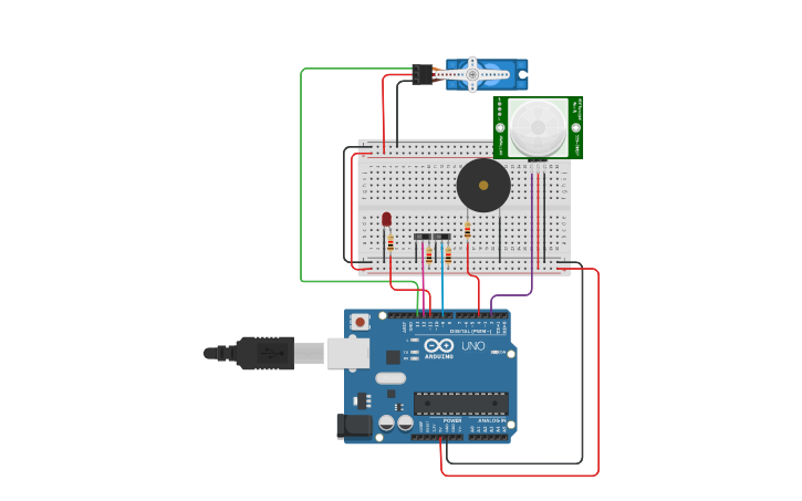 Circuit design Pr'actica servomotor con PIR - Tinkercad