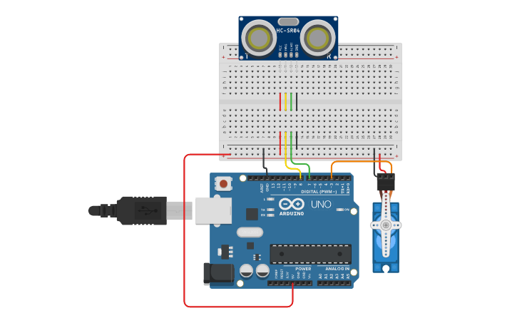 Circuit design sensor jarak dan servo sg90 aliya rafira 9i/02 - Tinkercad