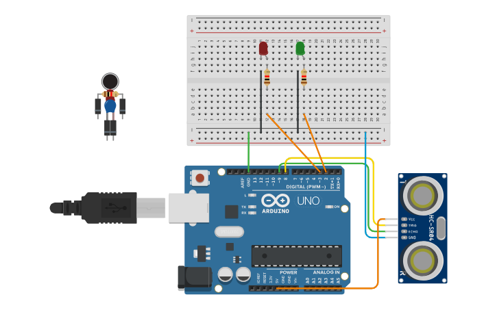 Circuit design UltraSonic Sensor With LED lights - Tinkercad