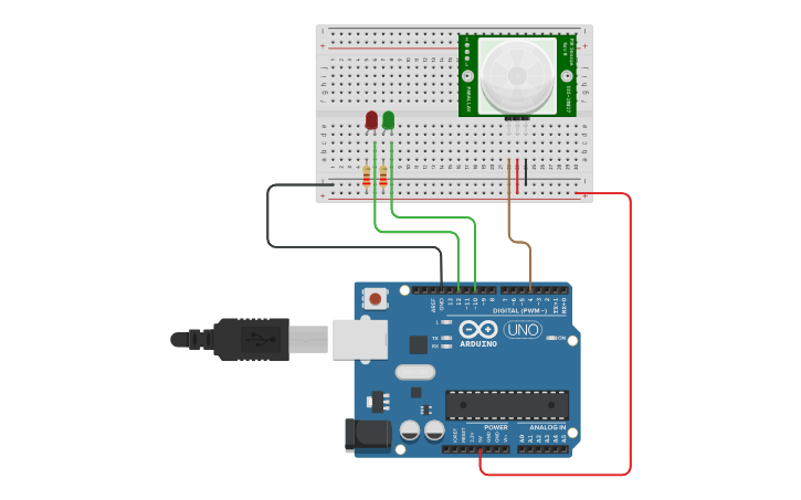 Circuit design Sensor PIR con 2 Leds - 11 S14 - Tinkercad