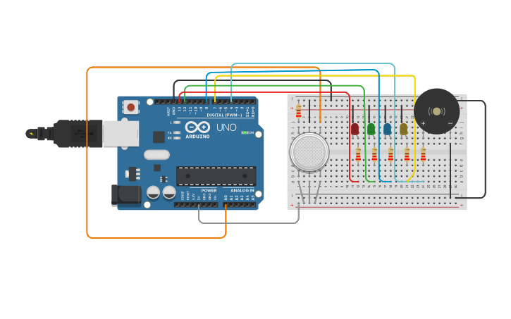 Circuit design GAS SENSOR WITH BUZZER AND LED - Tinkercad