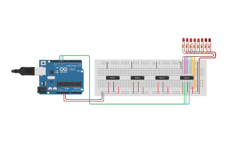 Circuit design Lab 06 74HC595 8x LEDs NPN - Tinkercad