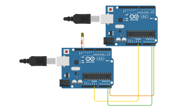 Circuit design ejercicio de comunicación entre dos tarjetas Arduino - Tinkercad