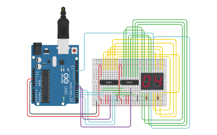 Circuit design 2 élément 7 segments 7 lignes | Tinkercad