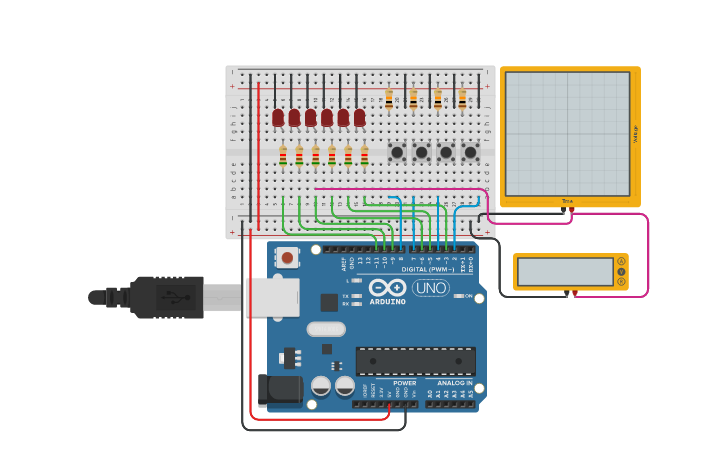 Circuit design 4 buttons, 6 leds PWM - Tinkercad