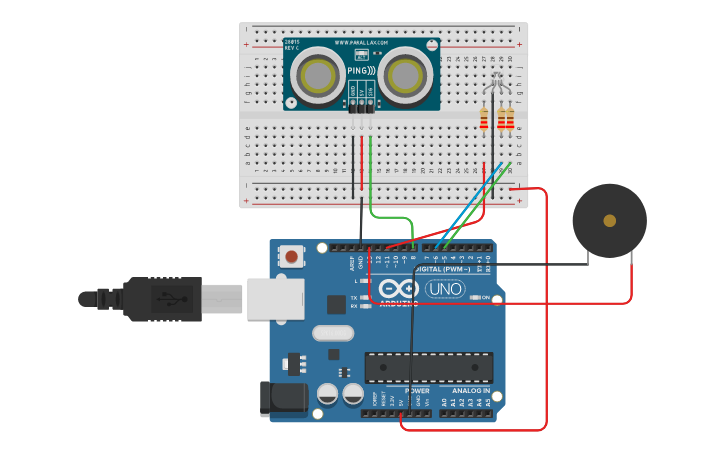 Circuit design #打卡2018# 电路 16超声波倒车雷达 - Tinkercad