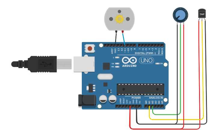Circuit design Fan with temperature sensor with Arduino - Tinkercad