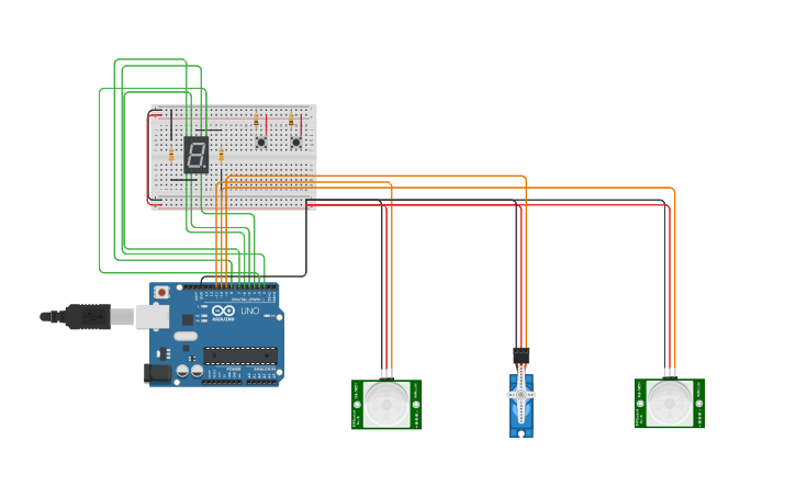 Circuit design 7 segmenti con pulsanti up/down | Tinkercad