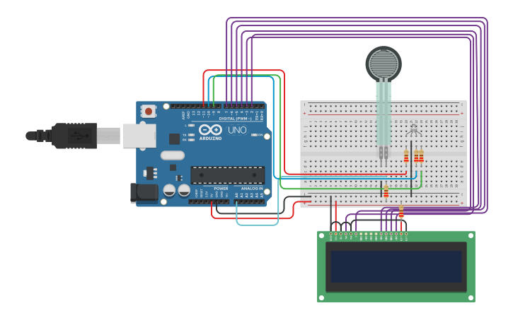 Circuit design Force Sensor with RGB and LCD - Tinkercad